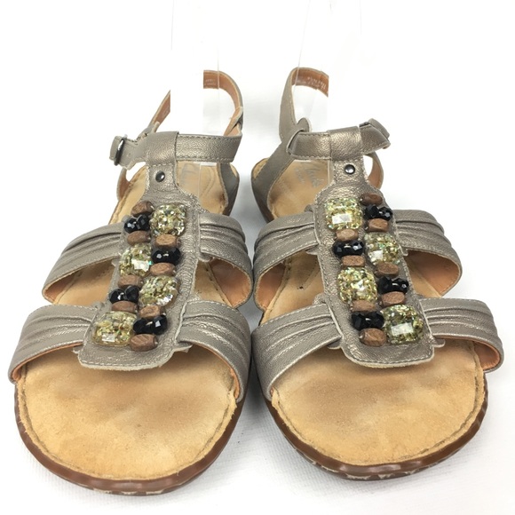 Clarks | Shoes | Clarks Metallic Beaded Ankle Strap Flat Sandals | Poshmark